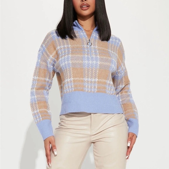 sugar moon | Sweaters | Taupe Blue Plaid Pullover Sweater | Poshmark